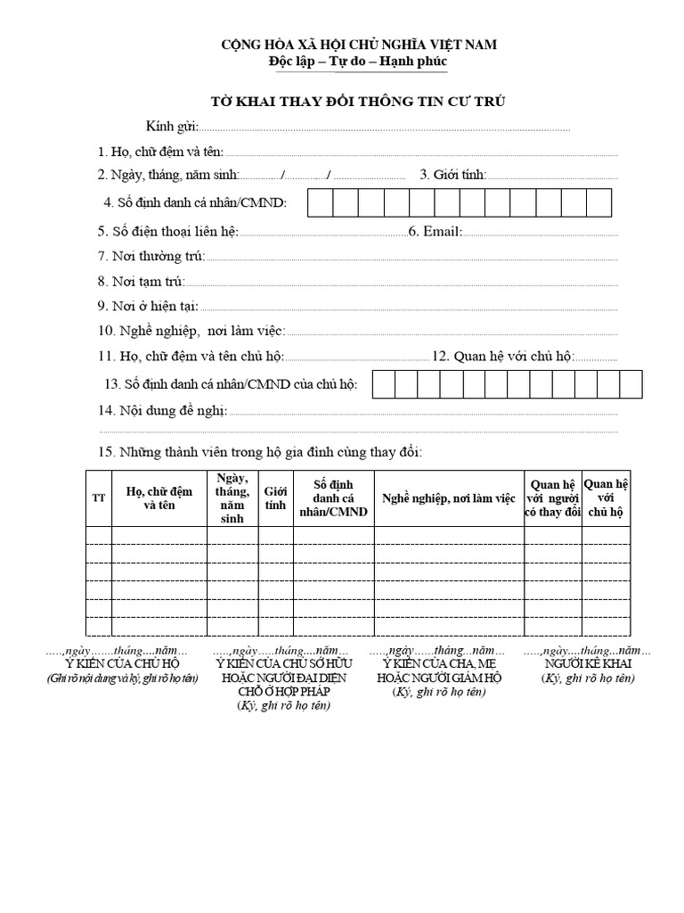 CT01 T Khai Thay Đ I Thông Tin Cư Trú | PDF