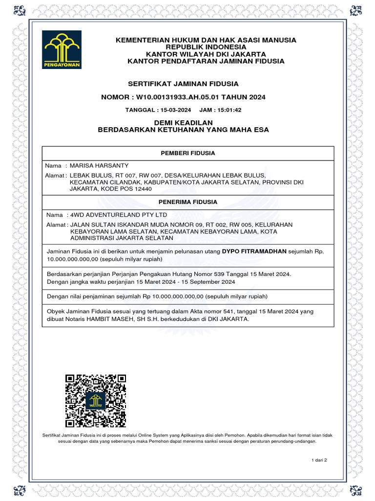 Sertifikat Pendaftaran Fidusia | PDF