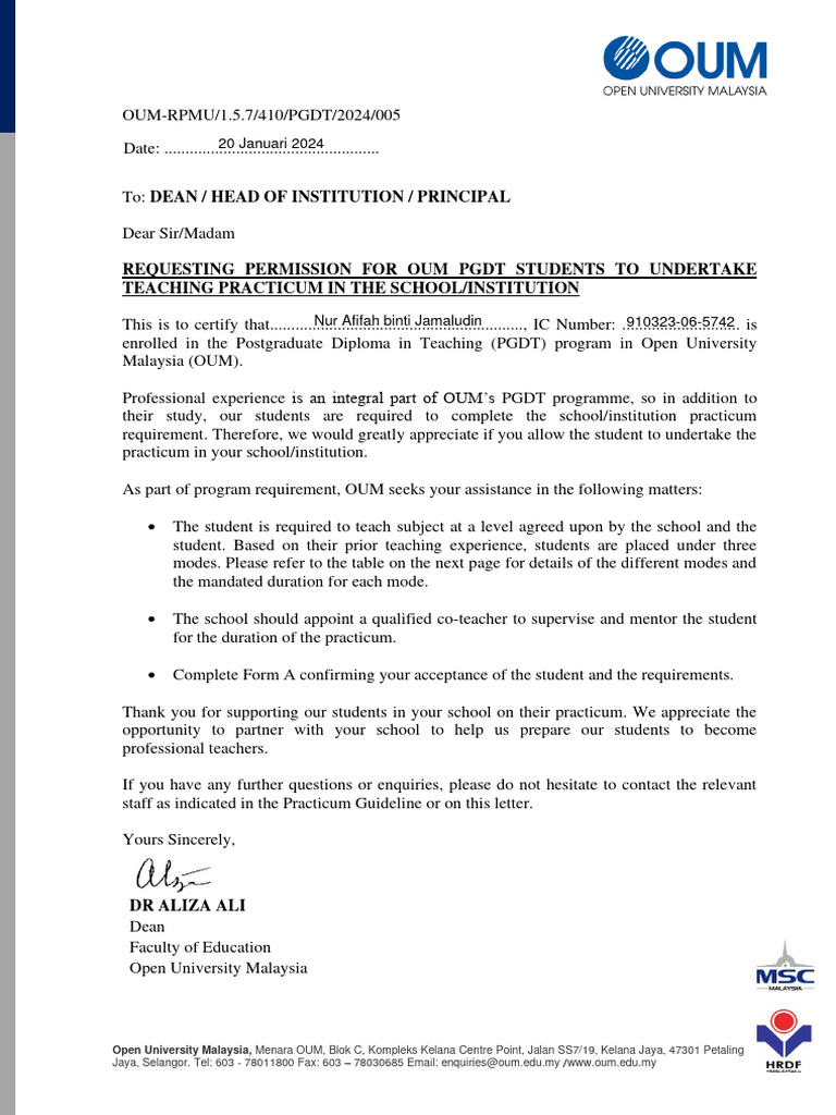 2. OUM letter for practicum placement PGDT | PDF | Educational Stages