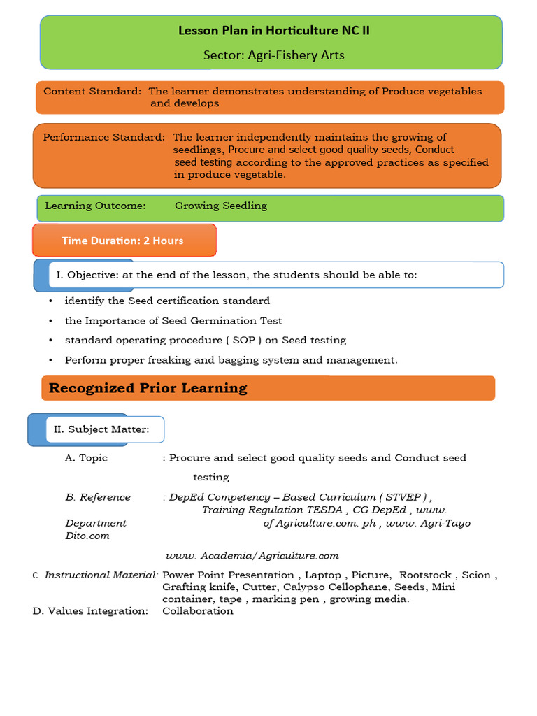 Lesson Plan in Horticulture NC II Nursery | PDF | Teachers | Learning