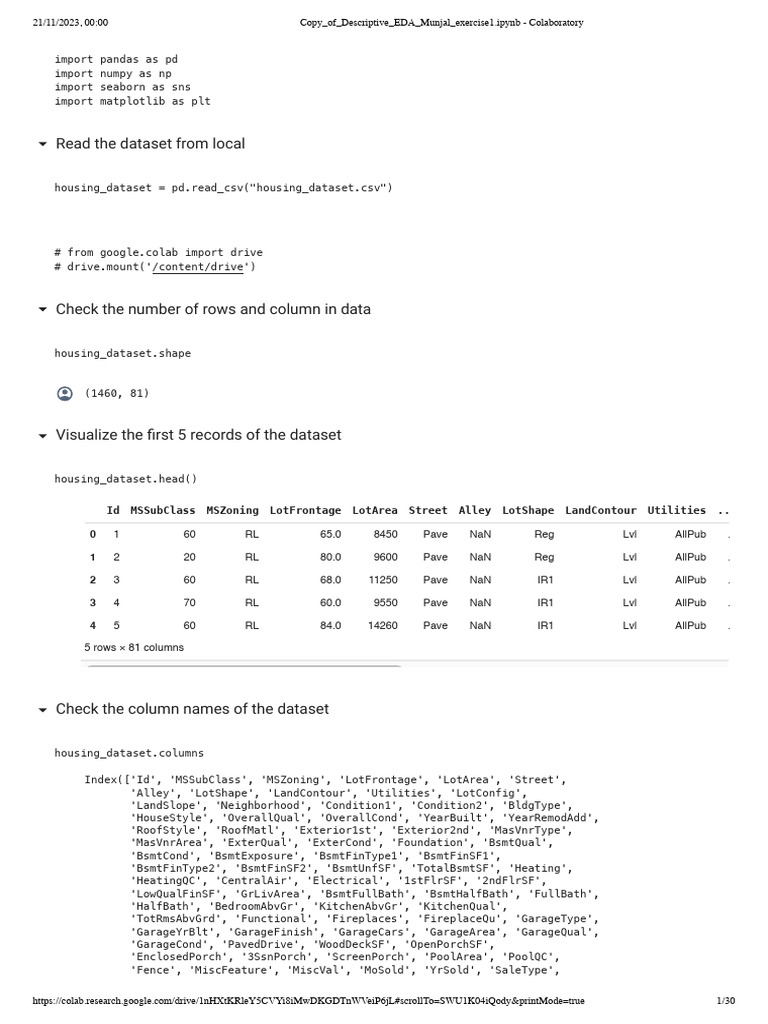 Copy - of - Descriptive - EDA - Munjal - Exercise1.ipynb - Colaboratory | PDF | Software ...