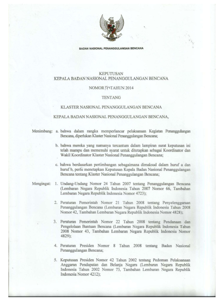 SK Kepala BNPB No.173 Tahun 2014 Tentang Klaster Nasional Penanggulangan Bencana | PDF