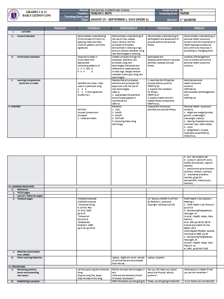 DLL Mapeh-6 Q1 W1 | PDF | Learning | Physical Fitness
