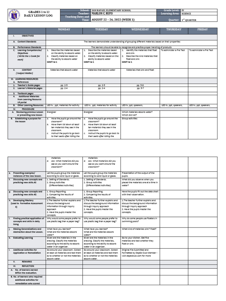 DLL Science-4 Q1 W1 | PDF | Teachers | Learning
