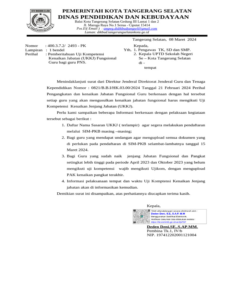 Surat Pemberitahuan Uji Kompetensi Jabatan Fungsional | PDF