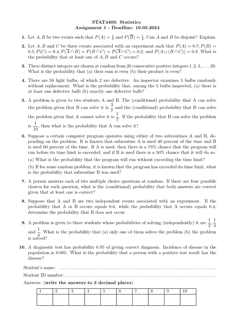 Assignment STAT 1 | PDF | Medical Diagnosis | Applied Mathematics