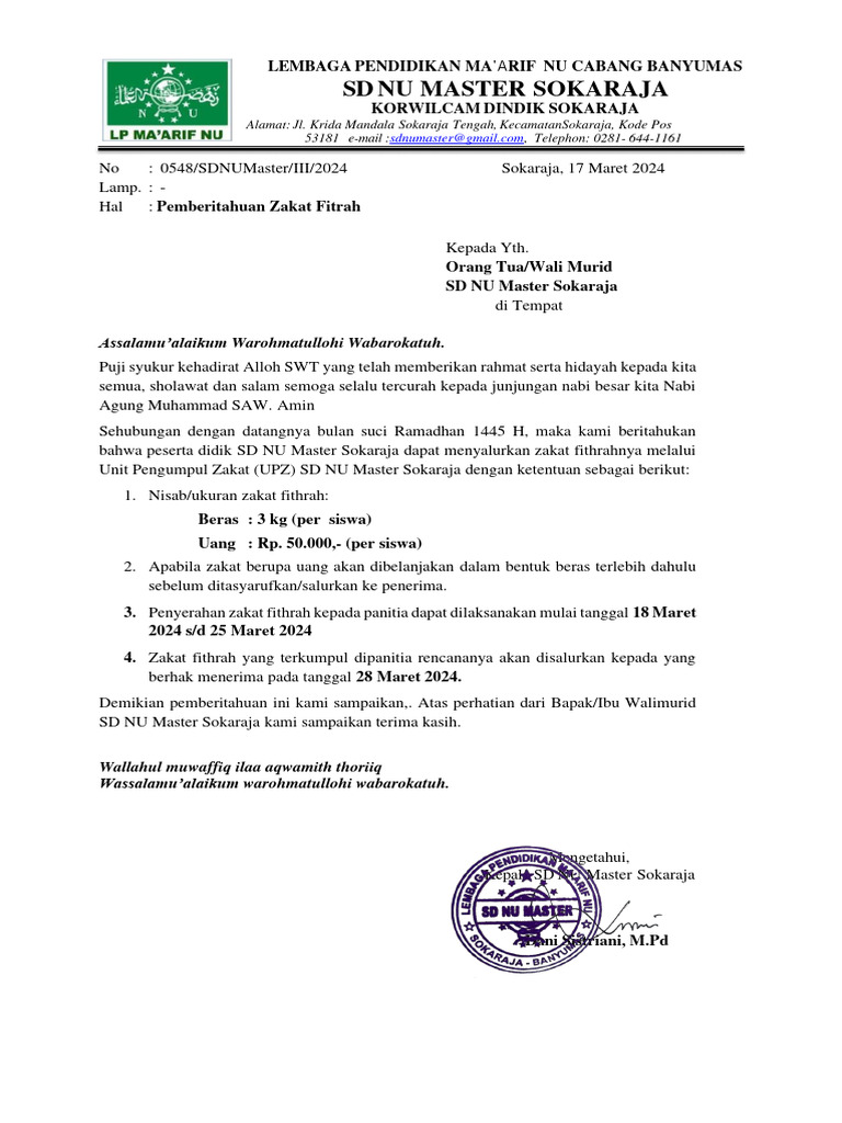 Surat Pemberitahuan Zakat Fitrah | PDF