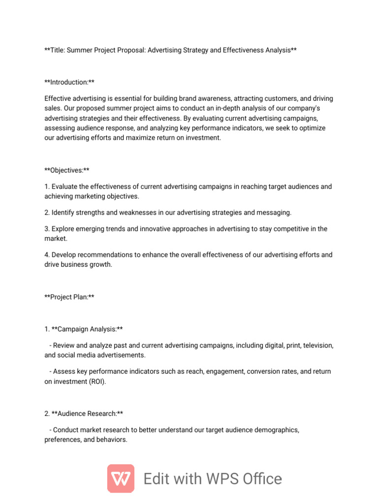 Summer Project Proposal On Advertising Strategy and Effectiveness ...