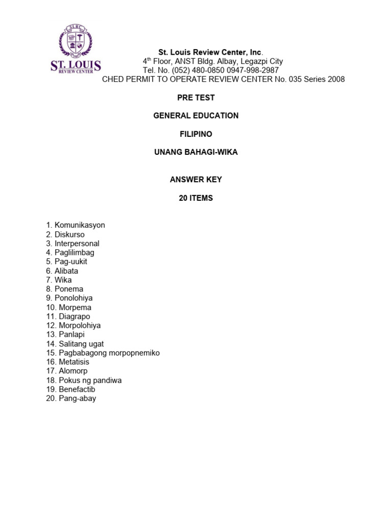 PRE-TEST-GEN-ED-FILIPINO-ANSWER-KEY | PDF