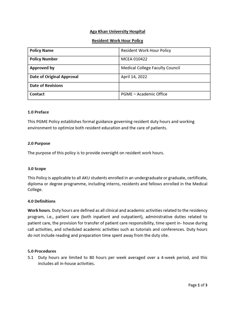 Policy Pgme Resident Work Hours Ke | PDF | Patient | Residency (Medicine)