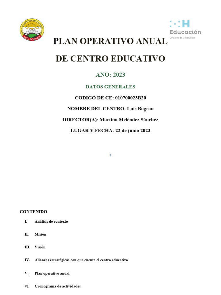 Plan Operativo Anual 2023 - Centro Luis Bogran | PDF | Plan de estudios ...