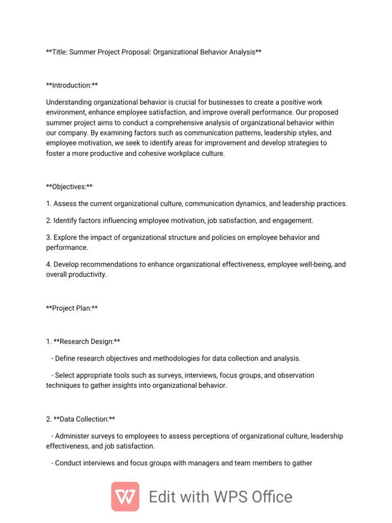 Summer Project Proposal On Organizational Behavior Analysis | PDF ...