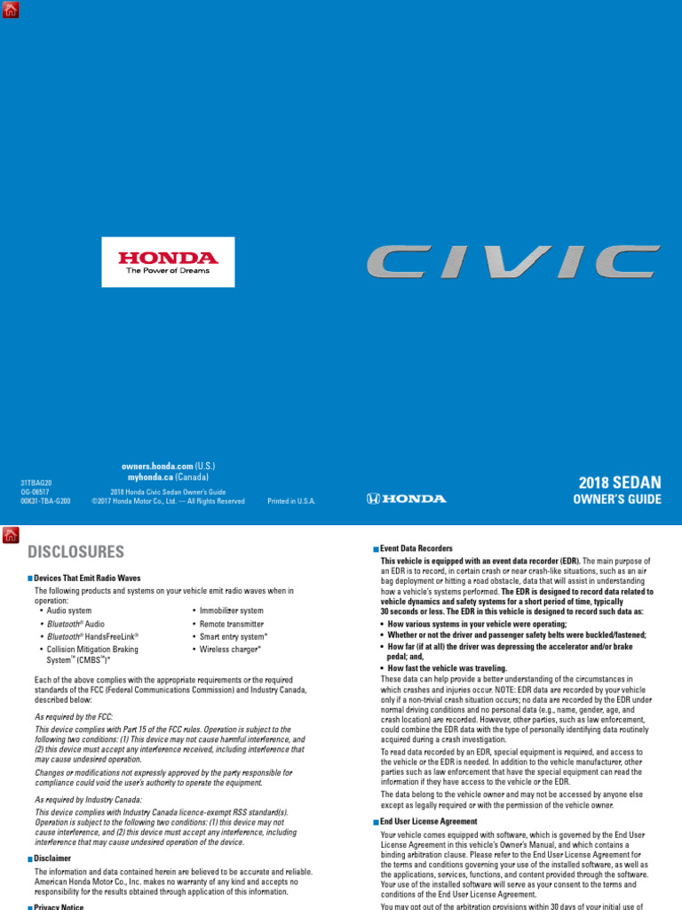 Honda Civic 2018 Quick Reference | PDF | Airbag | Seat Belt