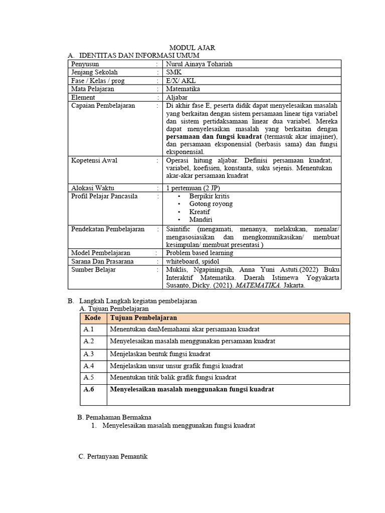 MODUL AJAR Kelas X Menyelesaikan Masalah Fungsi Kuadrat Akl 3 | PDF MODUL AJAR Kelas X Menyelesaikan Masalah Fungsi Kuadrat Akl 3 | PDF