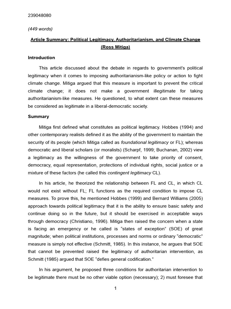 Article Summary Political Legitimacy, Authoritarianism, and Climate ... Article Summary Political Legitimacy, Authoritarianism, and Climate ...