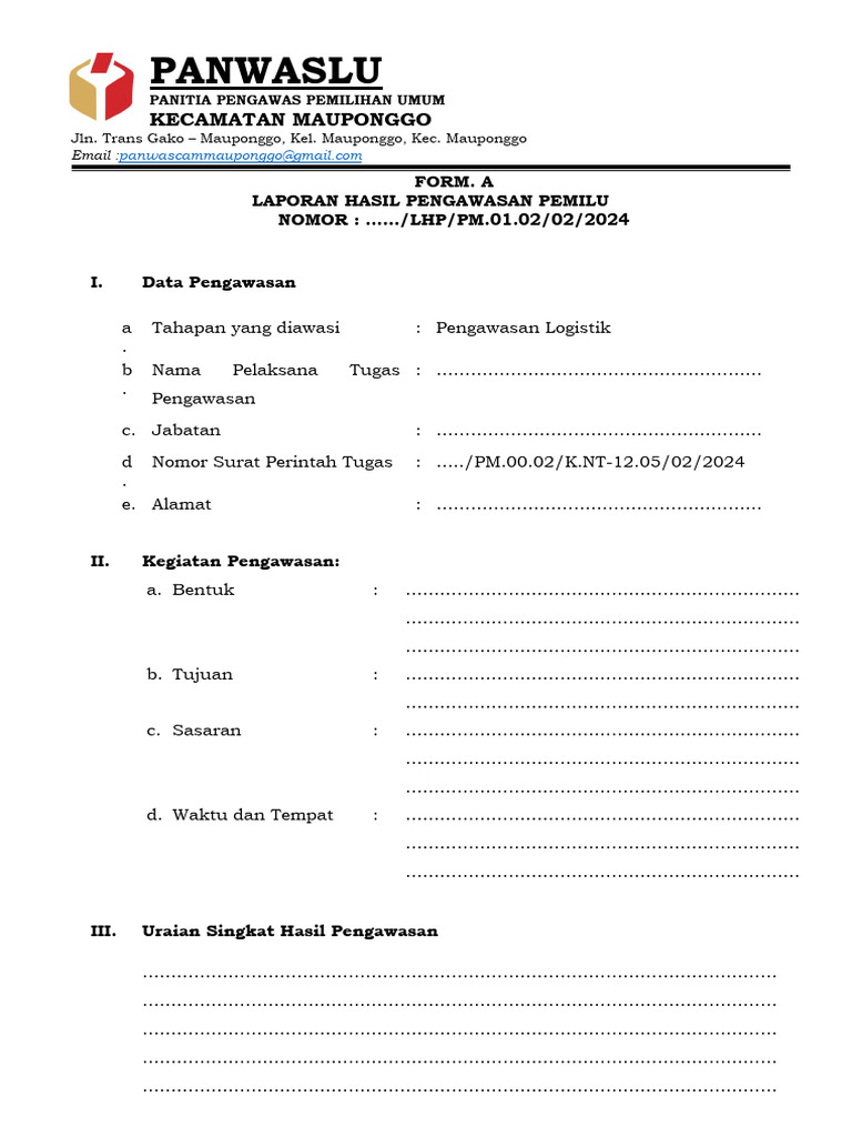 Alat Kerja Form A. Pengawasan | PDF