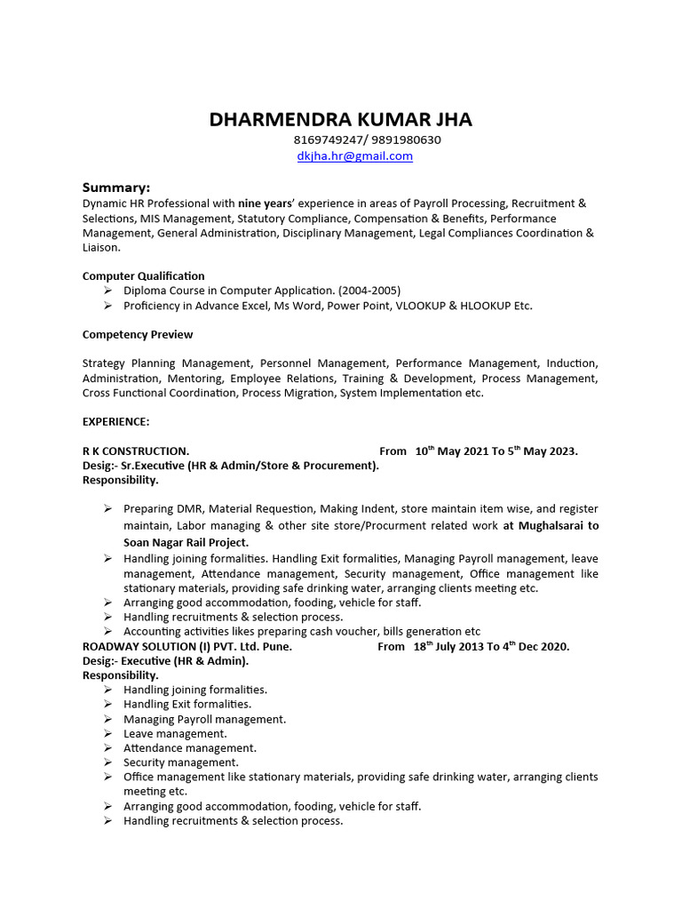 C.v.-Dharmendra Kumar Jha | PDF | Human Resource Management | Business