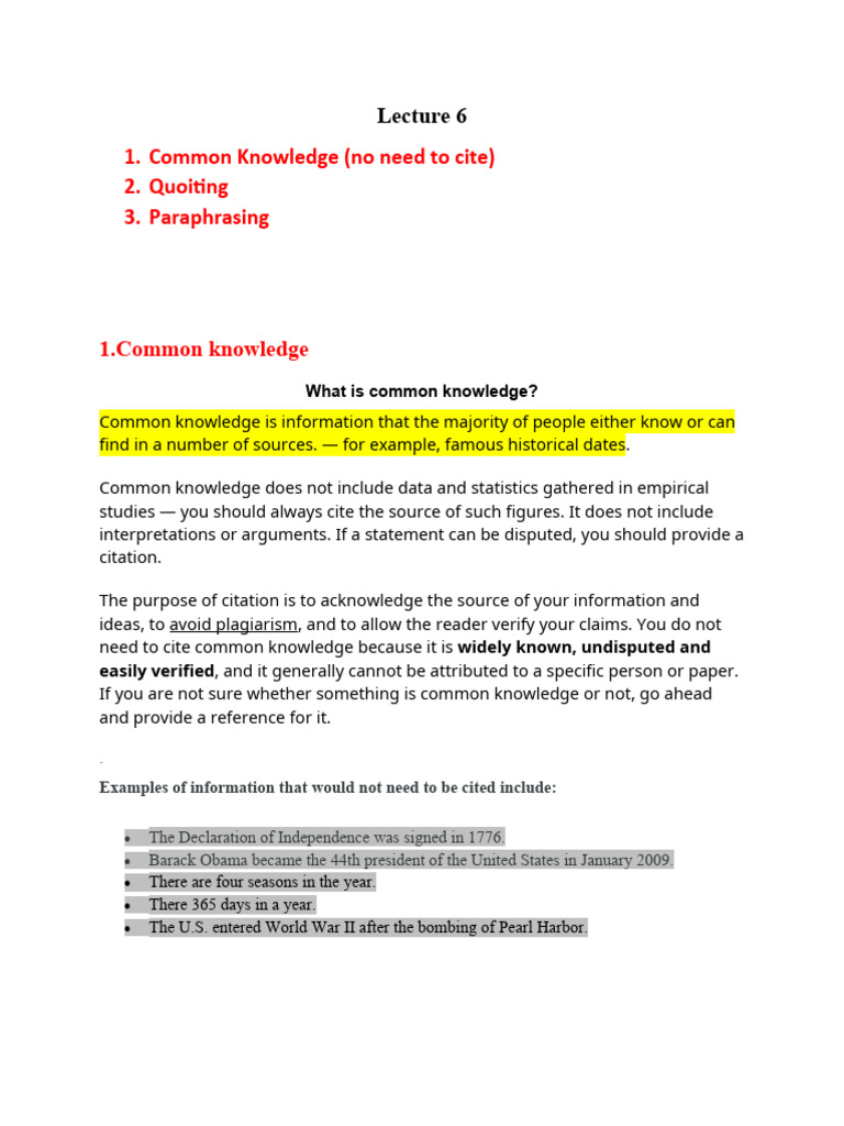 L-6 Sheet Common Knowledge, Quoiting, Paraphasing Using Online Tools | PDF | Citation | Apa Style