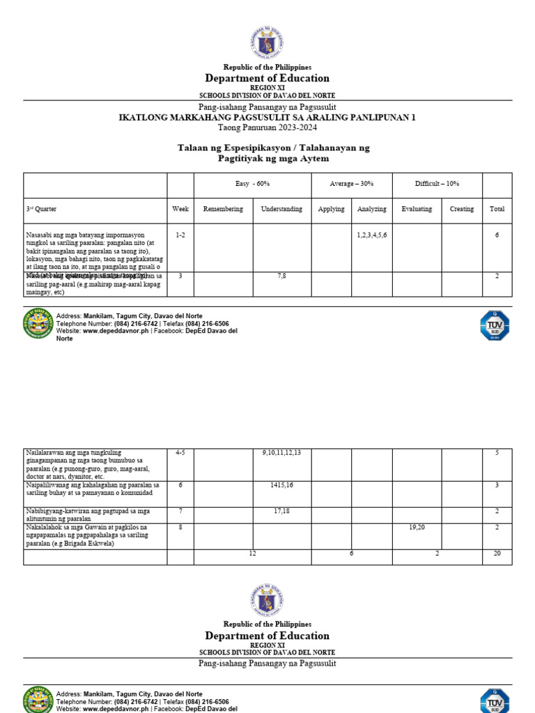 Araling Panlipunan 1 TOS | PDF