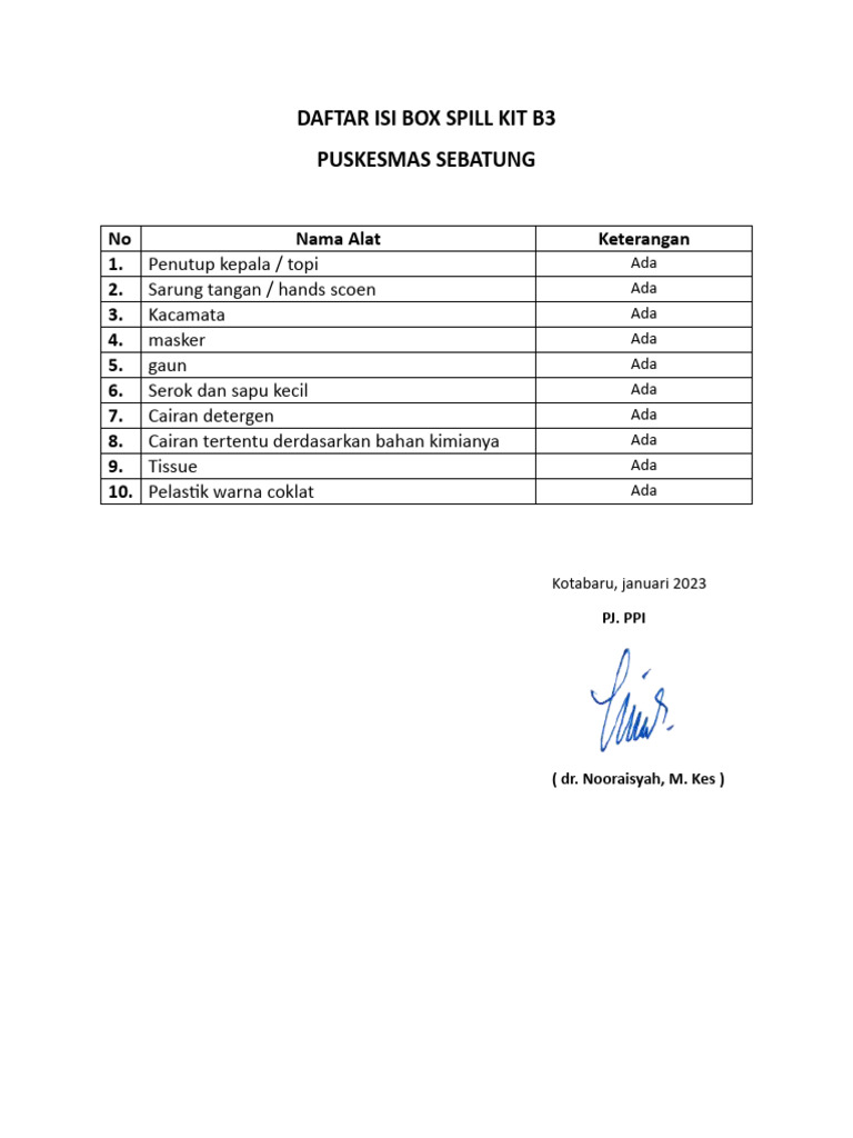 Spill Kit Puskesmas Sebatung | PDF