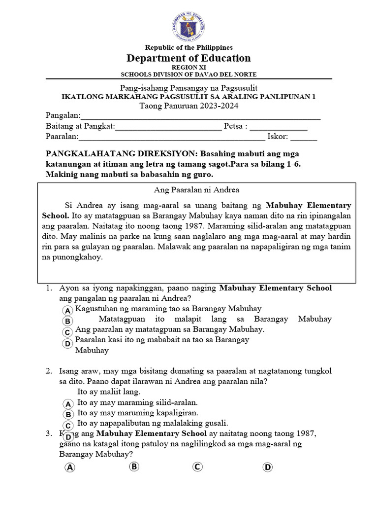 Araling Panlipunan 1 TQ | PDF