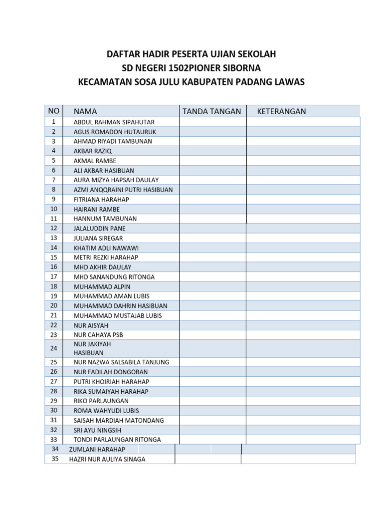 Daftar Hadir Peserta Ujian Sekolah | PDF