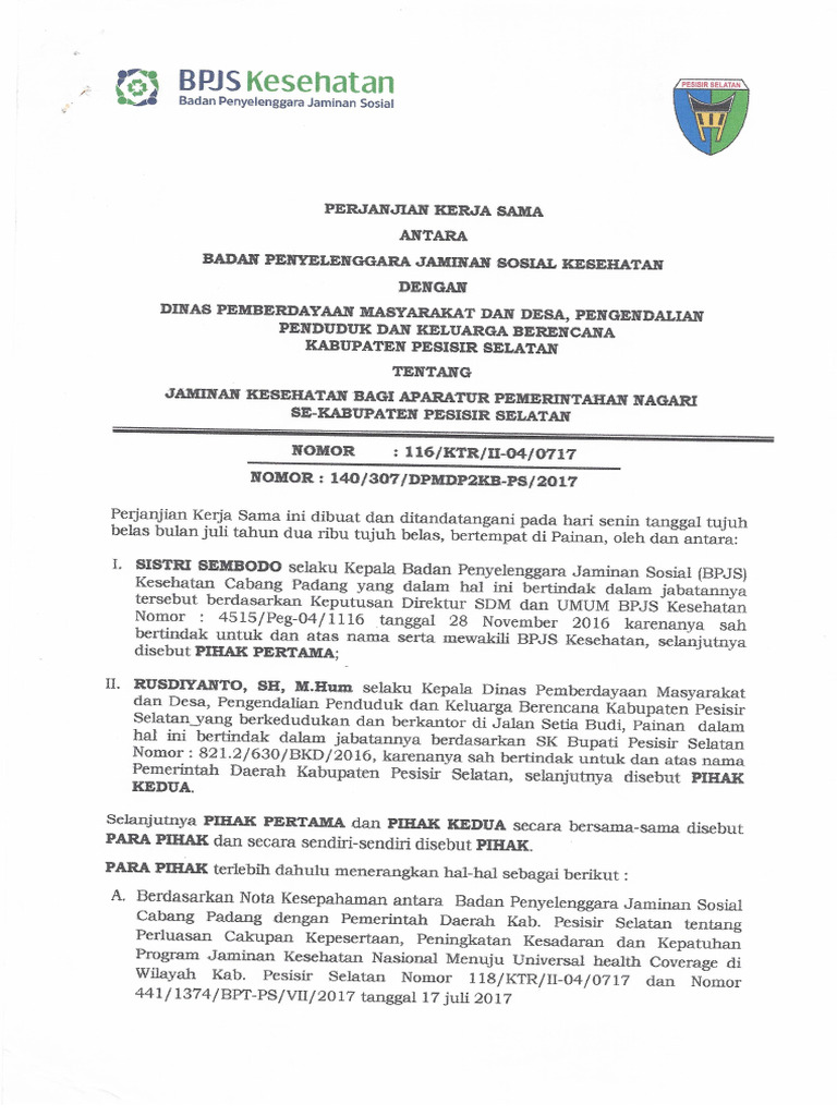 Perjanjian Kerjasama Bpjs Ketenagakerjaan Dg Dpmdppkb1 Pdf