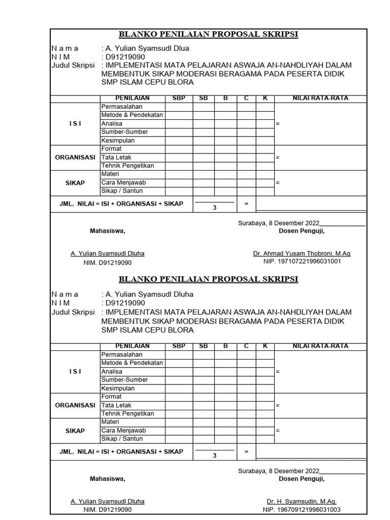 Blanko Penilaian Proposal Skripsi | PDF
