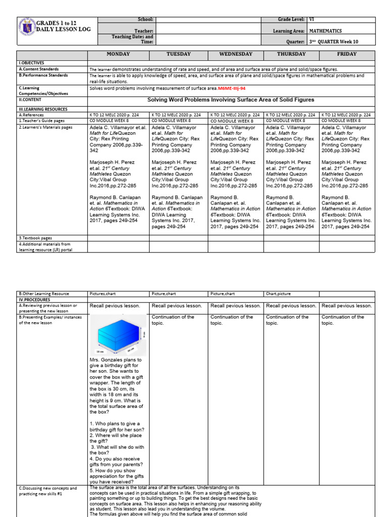 DLL - Mathematics 6 - Q3 - W10 | PDF | Area | Sphere