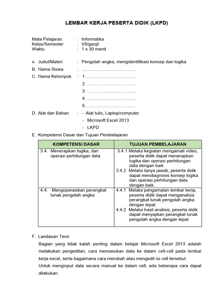 G) - LKPD 1 Praktek Excel 1 | PDF