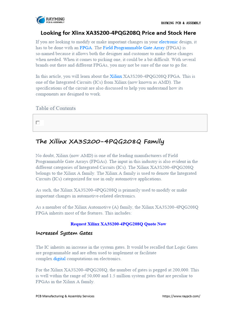 Looking For Xlinx XA3S200-4PQG208Q Price and Stock Here | PDF | Field ...