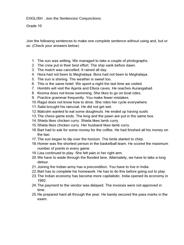 JTS - Conjunctions - Grade 10 - 2023-24 | PDF