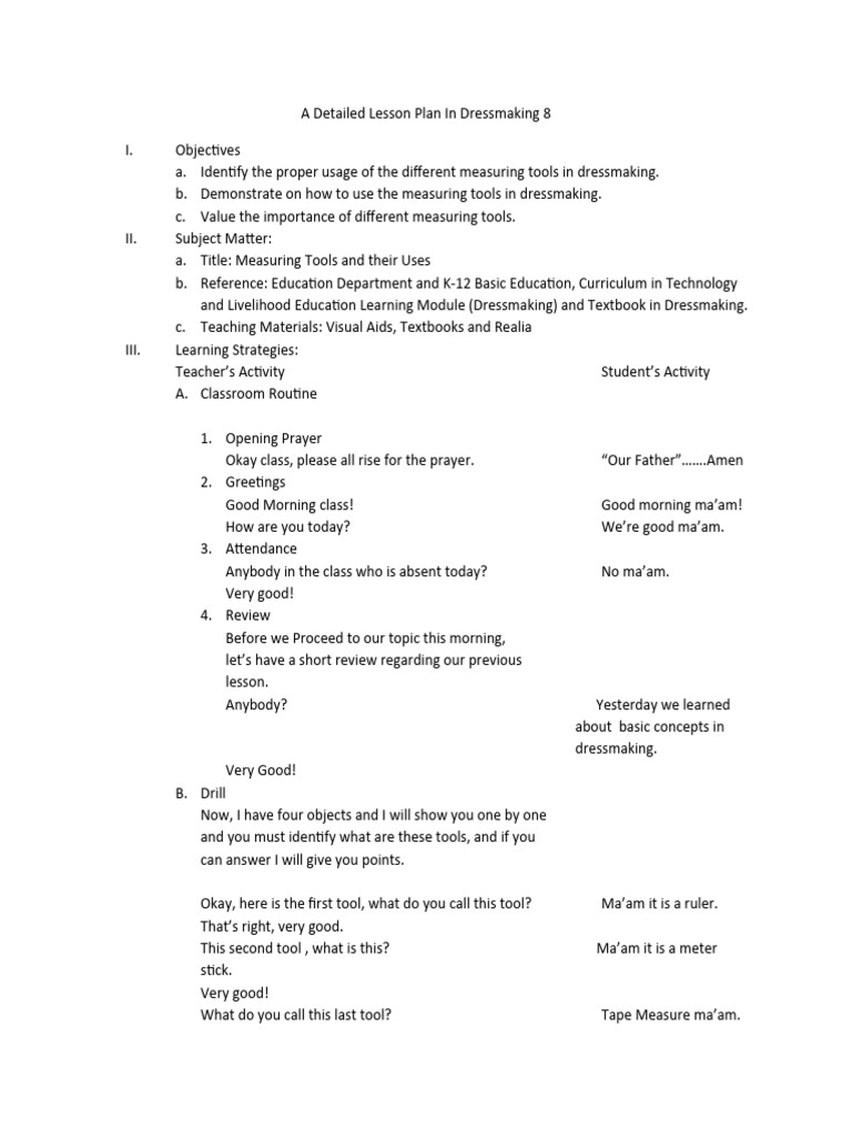 Dressmaking Lesson Plan: Measuring Tools | PDF | Lesson Plan | Cognition