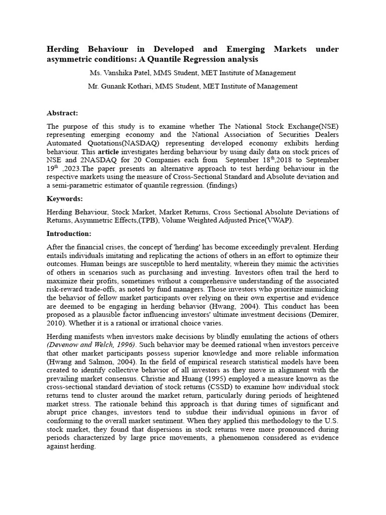 Herding Behaviour in Developed and Emerging Markets Under Asymmetric Conditions A Quantile ...