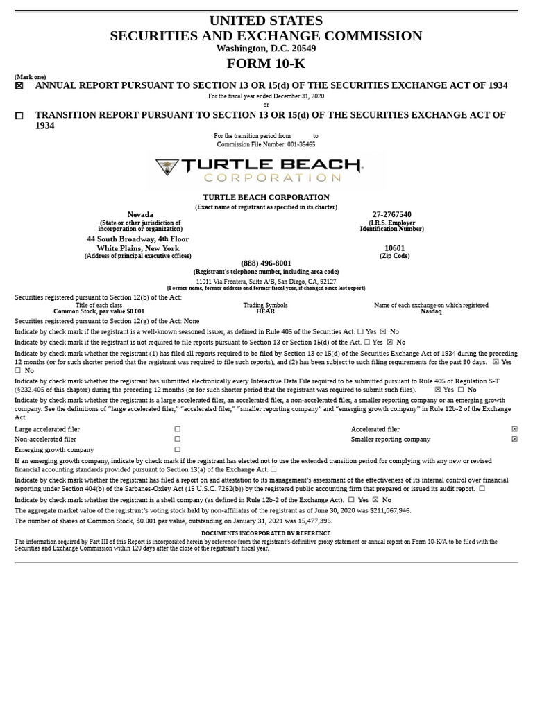 Turtle Beach 2020 Annual Report | PDF | Form 10 K | Video Game Consoles