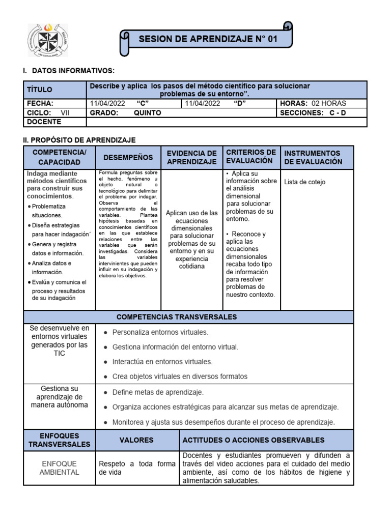 SESIÓN DE APRENDIZAJE CyT 5° DE SECundaria | PDF | Aprendizaje | Evaluación