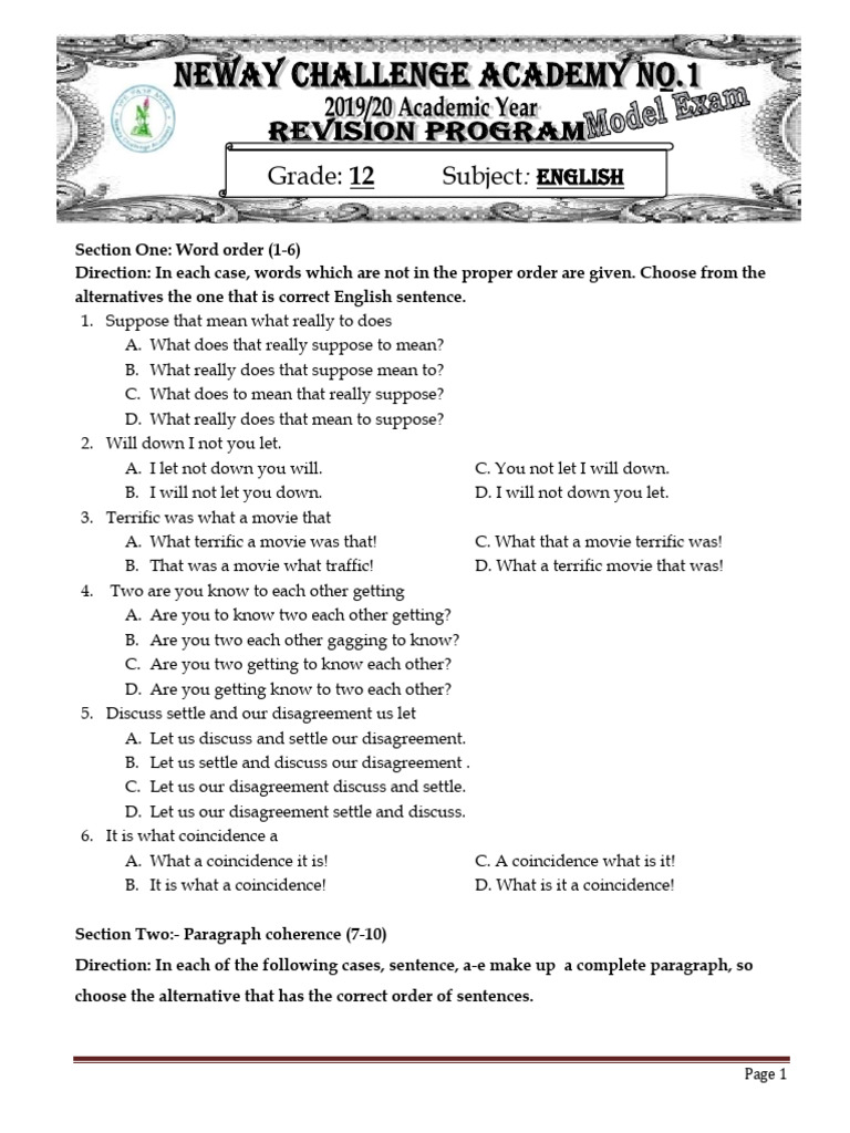 Grade 12 English Practice Questions | PDF | Social Science | Language ...