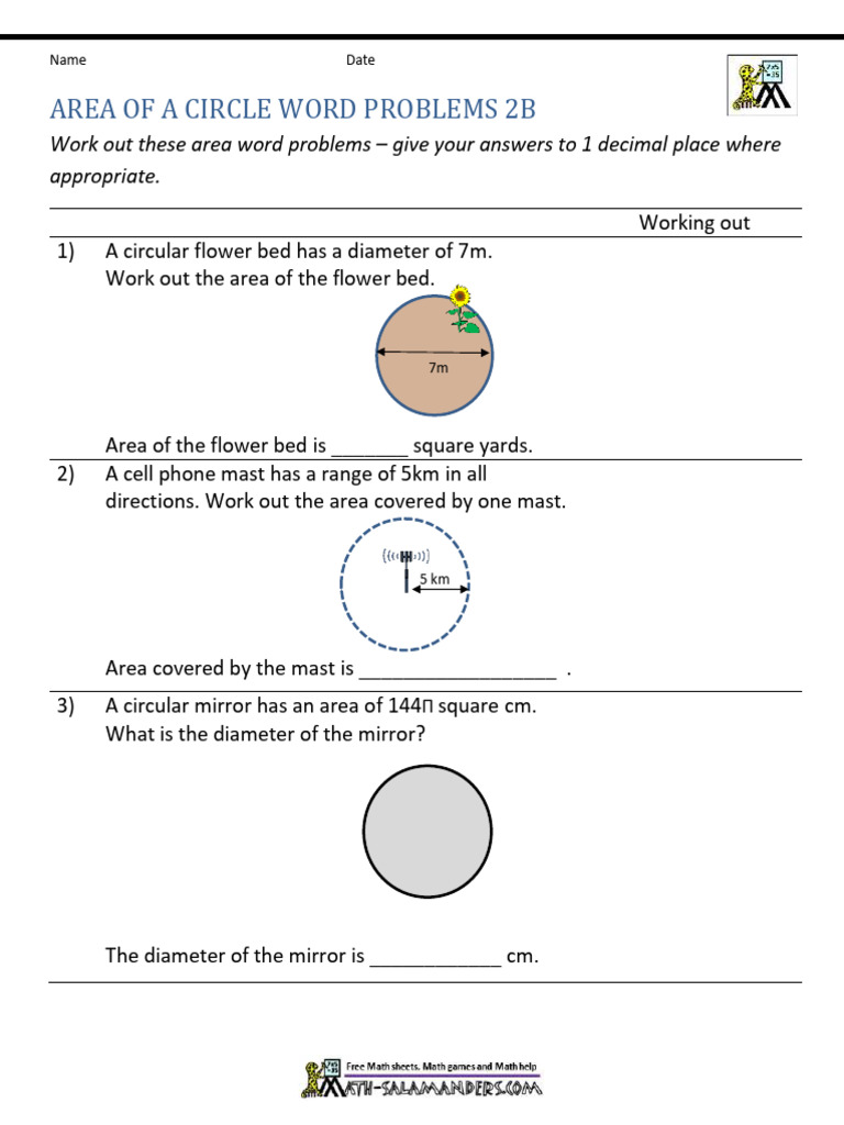 Area of Circle Word Problems Solutions | PDF | Area | Pi