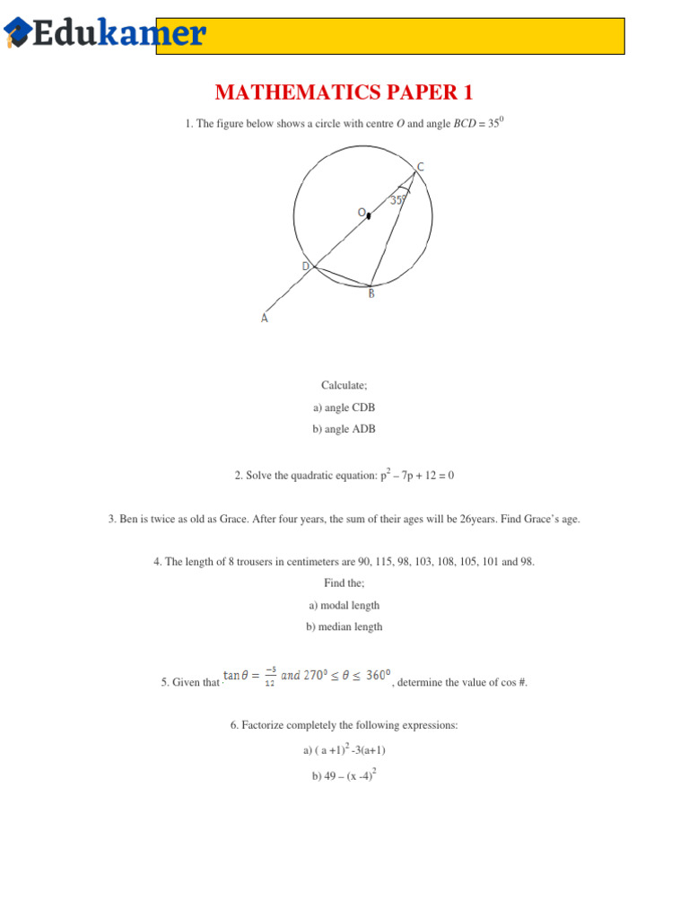 Uneb Mathematics Paper 1 2019 | Download Free PDF | Matrix (Mathematics ...