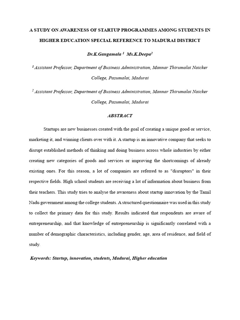 Startup Awareness Among Madurai Students | PDF | Entrepreneurship ...
