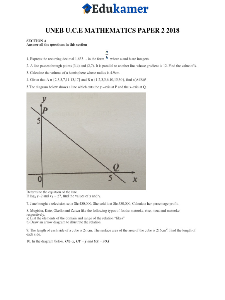 Uneb U.C.E Mathematics Paper 2 2018 | PDF | Function (Mathematics) | Sphere