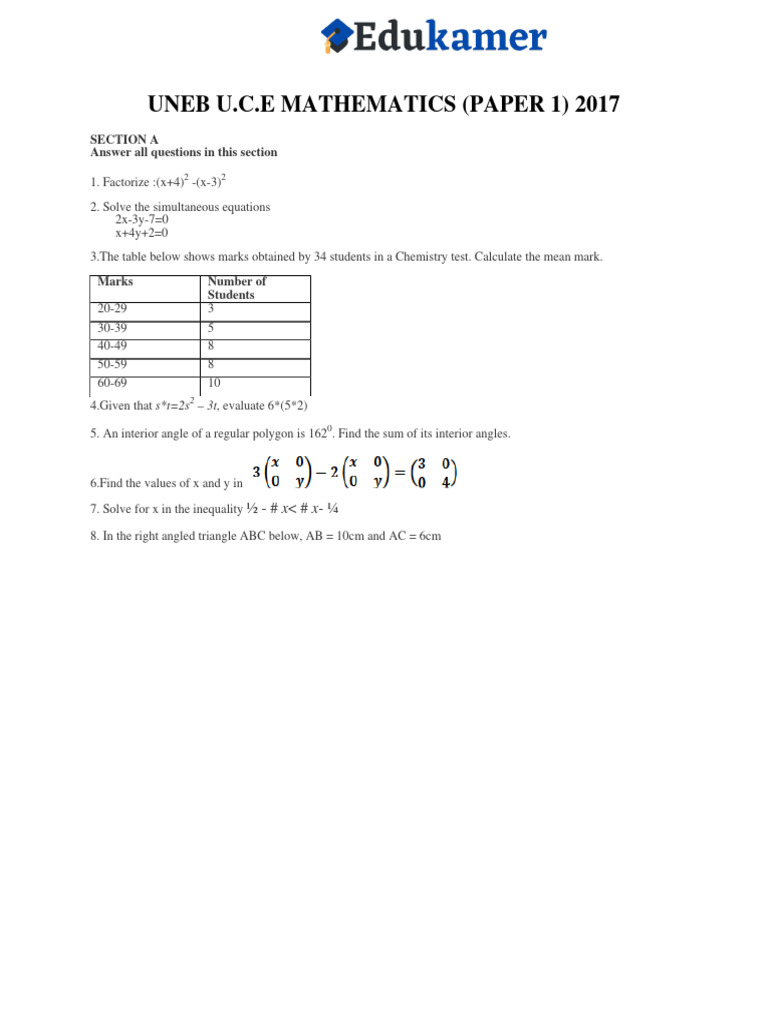 Uneb U.C.E Mathematics Paper 1 2017 | PDF | Mathematics | Applied ...