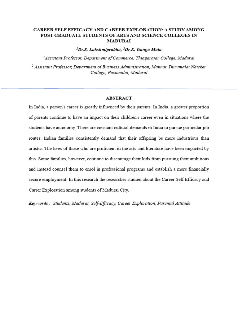 Career Self Efficacy and Career Exploration | PDF | Self Efficacy | P Value