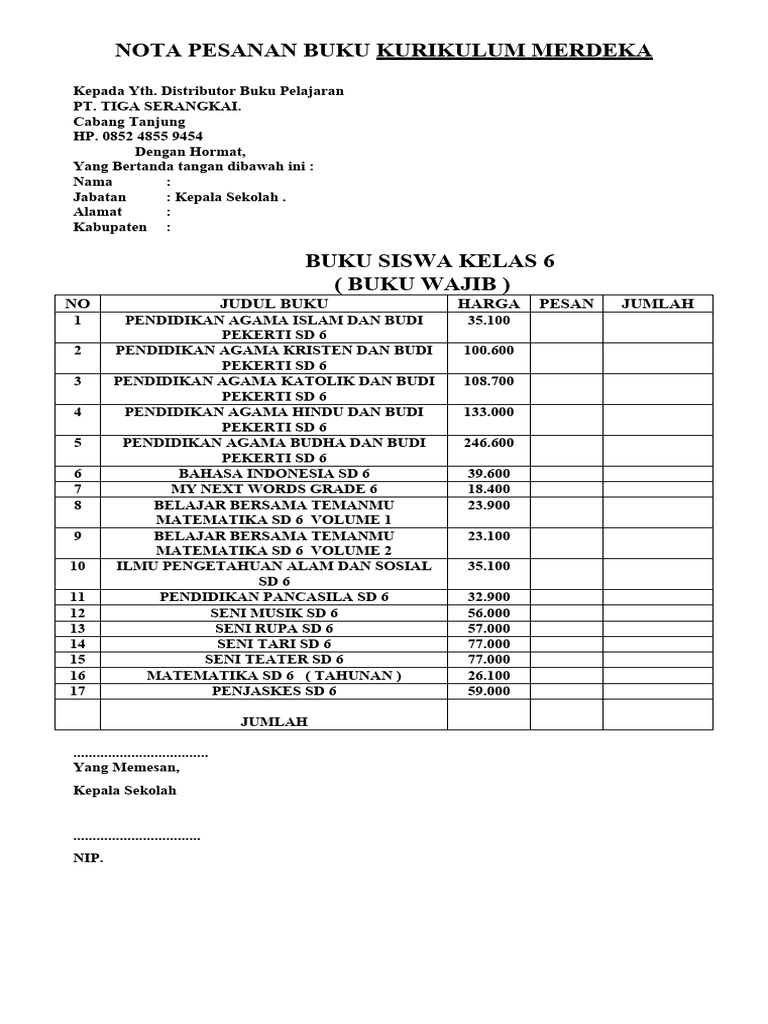 Nota Pesanan Buku Kurikulum Merdeka | PDF