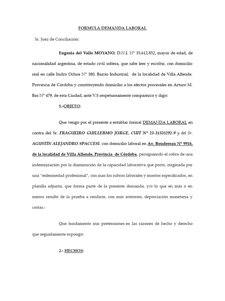 Demanda Laboral Modelo | PDF | Demanda judicial | Salario