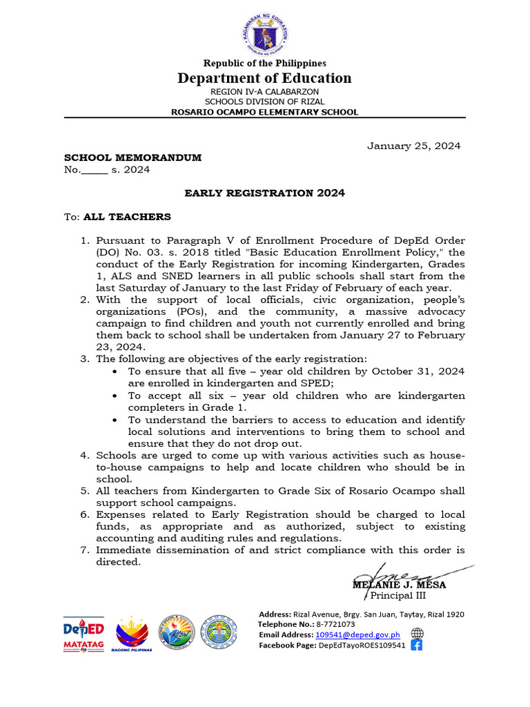 Early Registration 2024 Memo | PDF | Government