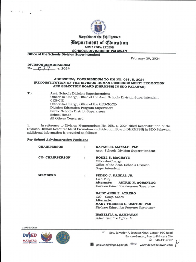 DM No. 077 S. 2024 Addendum Corrigendum To DM No. 058 S 2024 | PDF