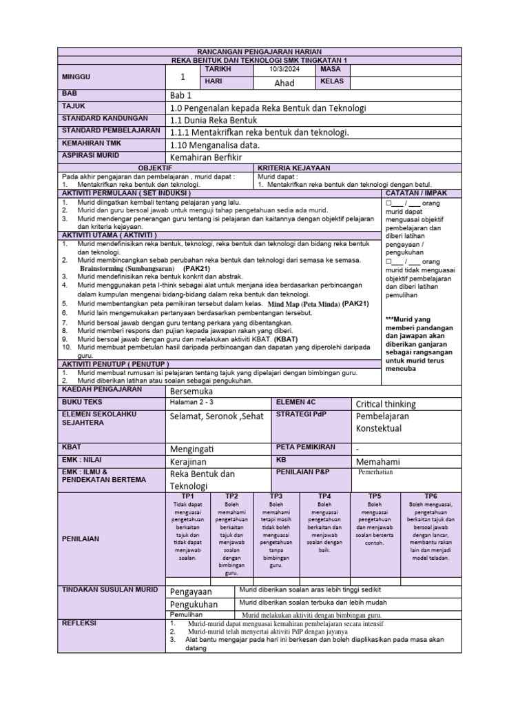 RPH Minggu 1 SMK RBT Tingkatan 1 2024-2025 by Cikgu Gorgeous | PDF