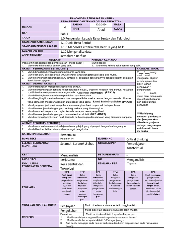 RPH Minggu 4 SMK RBT Tingkatan 1 2024-2025 by Cikgu Gorgeous | PDF