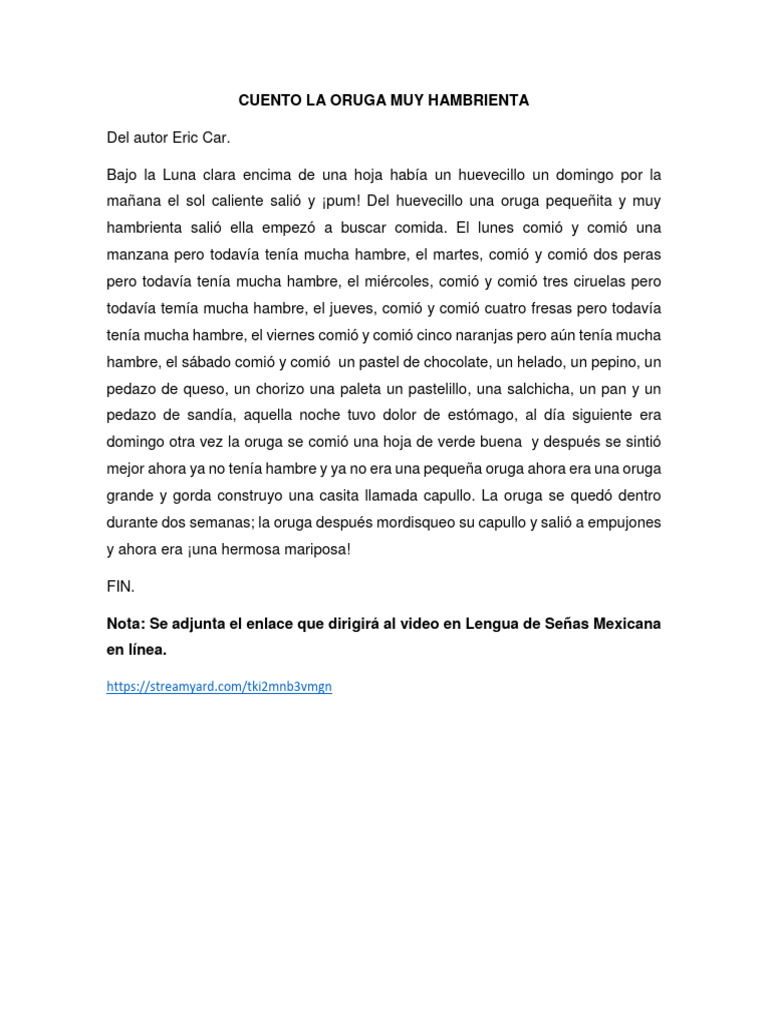 Cuento La Oruga Muy Hambrienta | PDF